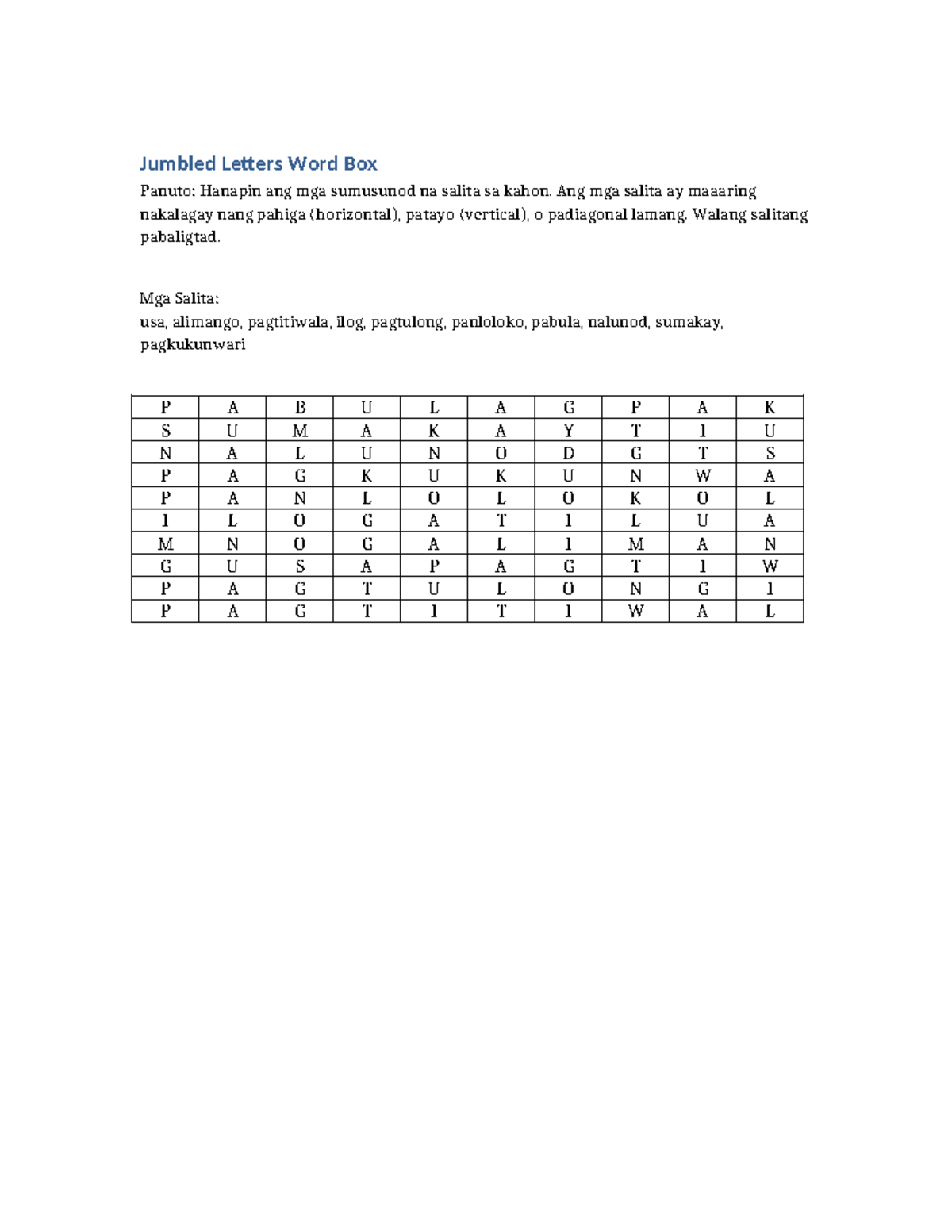 Jumbled Letters Word Box: Hanapin ang mga Salita - Studocu