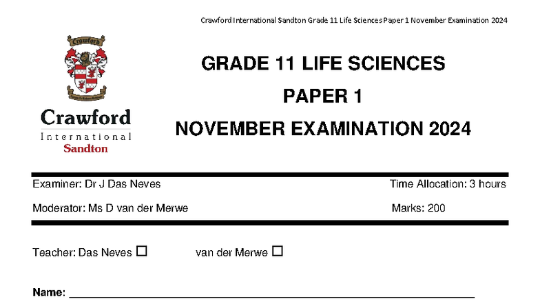 Crawford International Sandton G11 Life Sciences Paper 1 Nov Exam 2024 ...