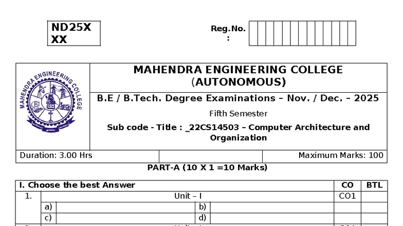 22CS14503 - Final Exam - Computer Architecture and Organization - Studocu