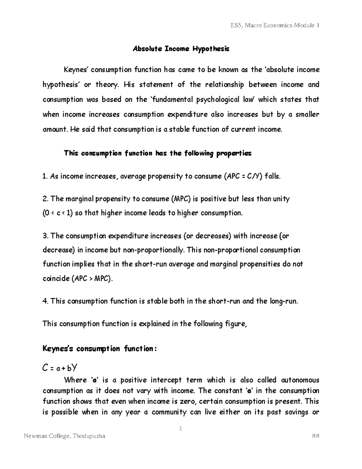 Absolute Income Hypothesis - ES5, Macro Economics-Module 1 1 Newman ...