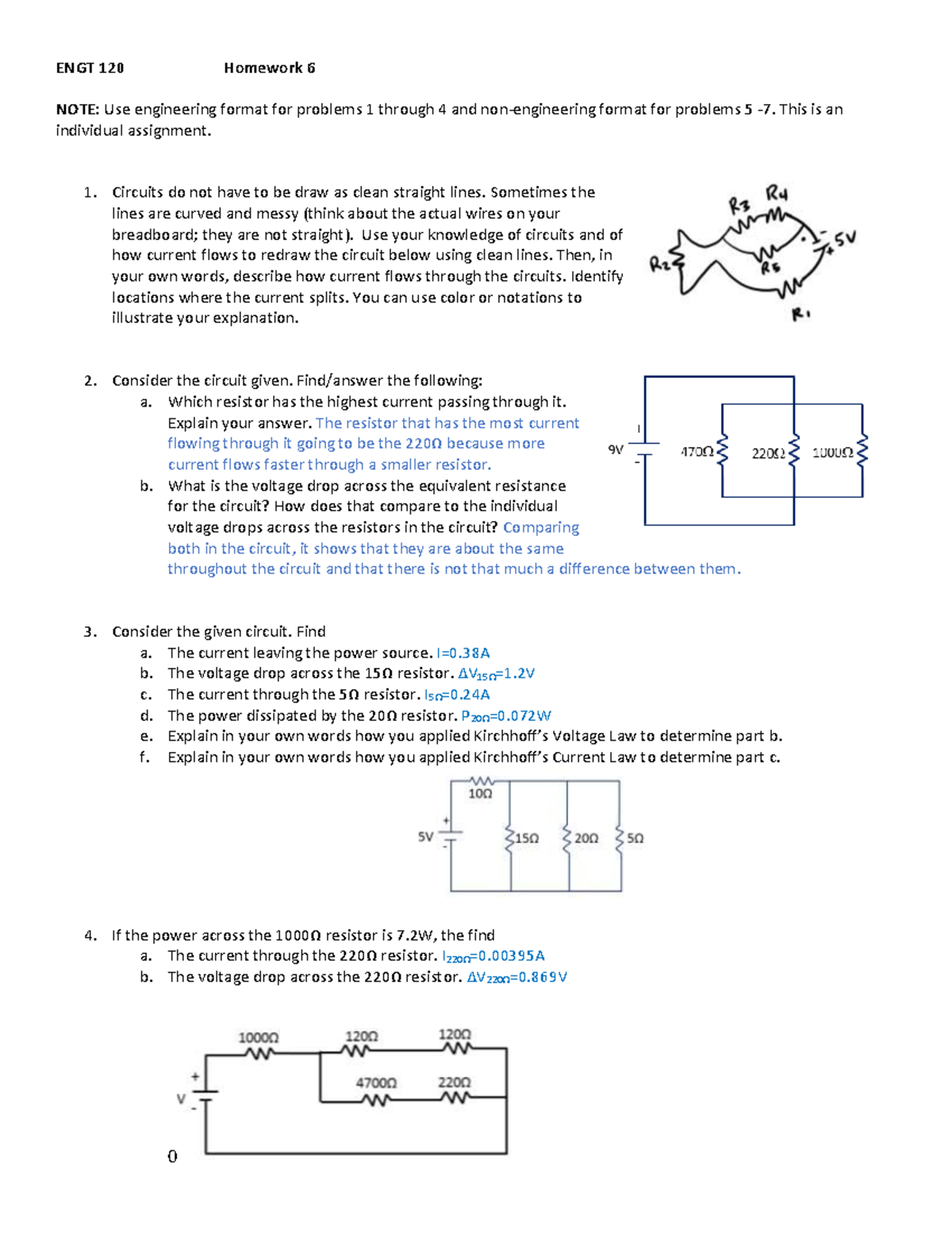 ENGT 120-001 Homework 6: Analysis of Circuit Currents & Voltages - Studocu