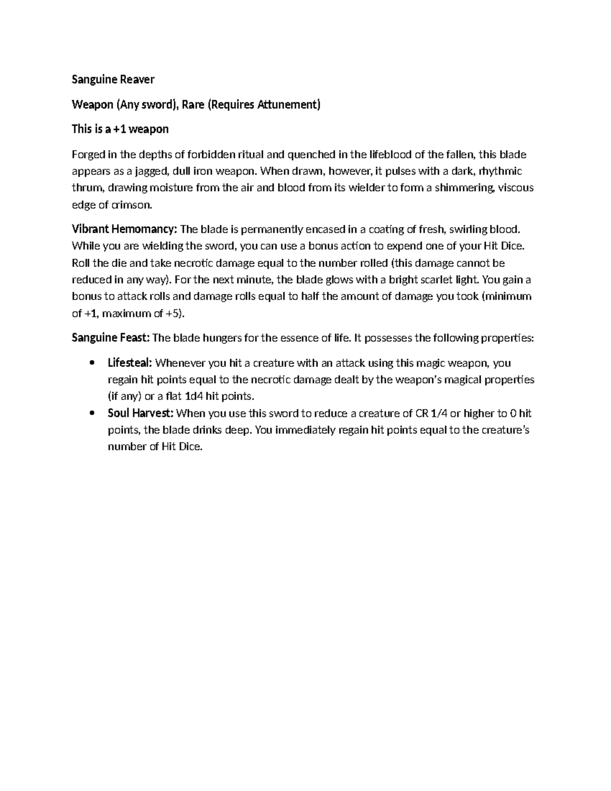 Sanguine Reaver Weapon Summary - Rare (Requires Attunement) - Studocu