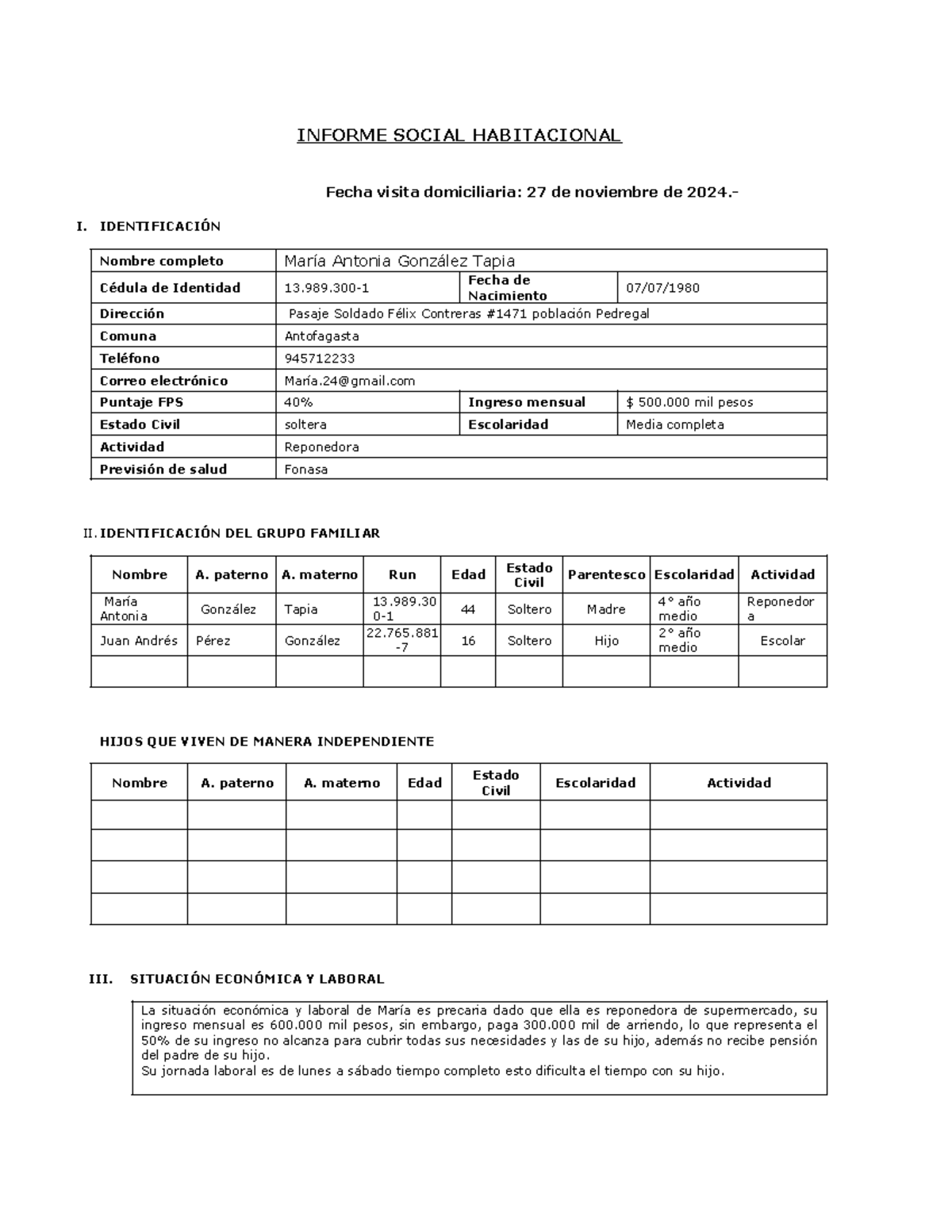 Informe Social Habitacional de María Antonia González Tapia - Studocu