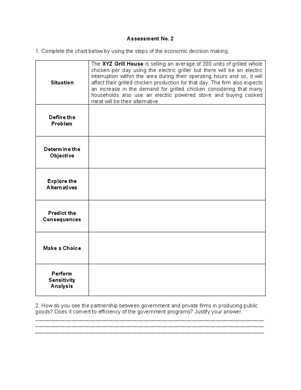 Economics - Assessment - Assessment No. 2 Complete the chart below by ...