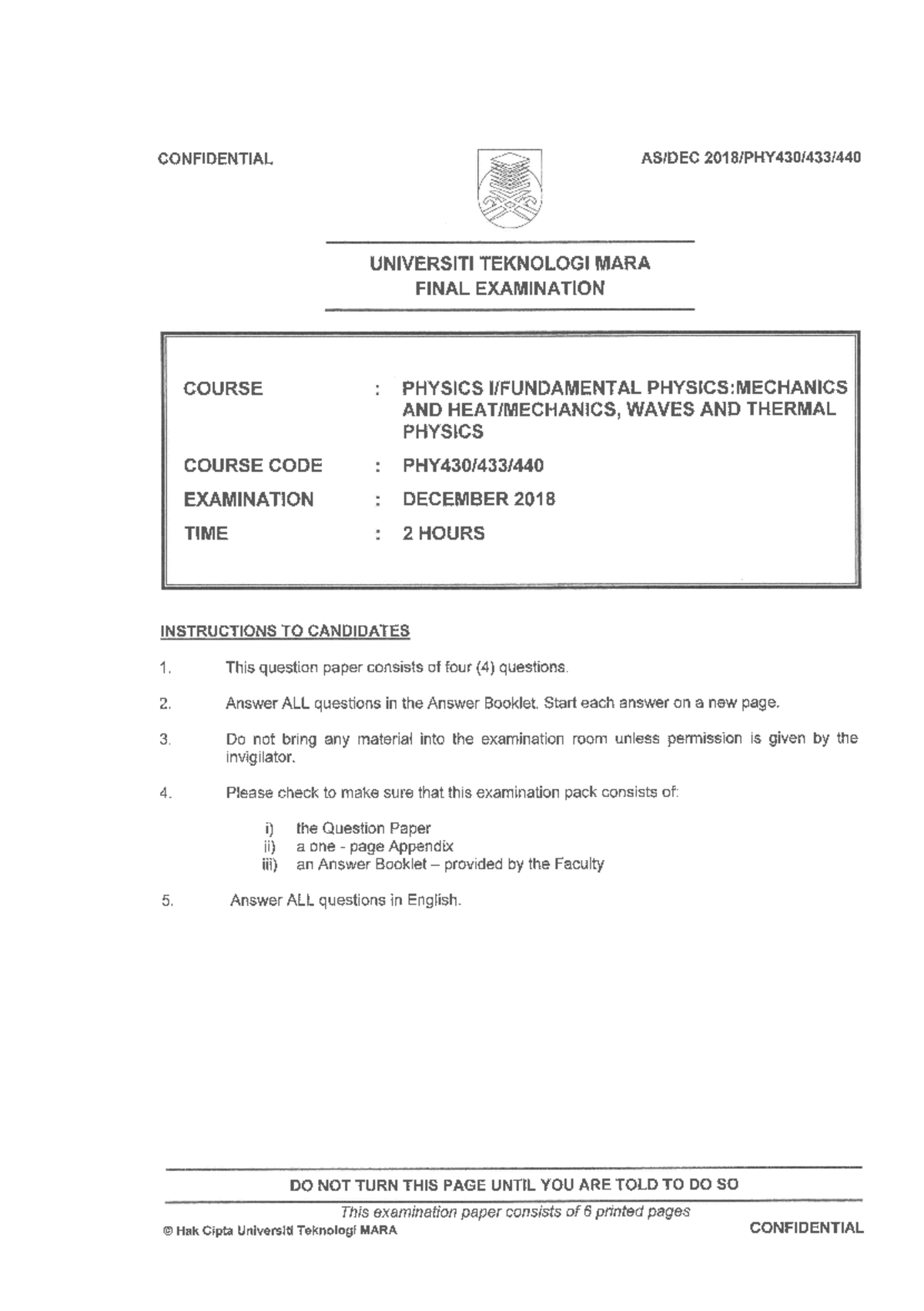 Faculty Applied Sciences 2019 Session 1 - Degree PHY430 433 440 - fundamental physic:mechanics ...