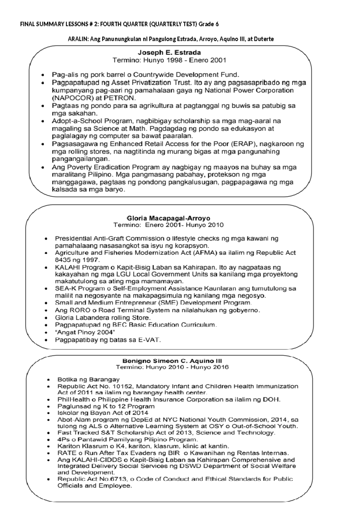 Final Summary Lessons for Grade 6: 4th Quarter Insights and Issues ...