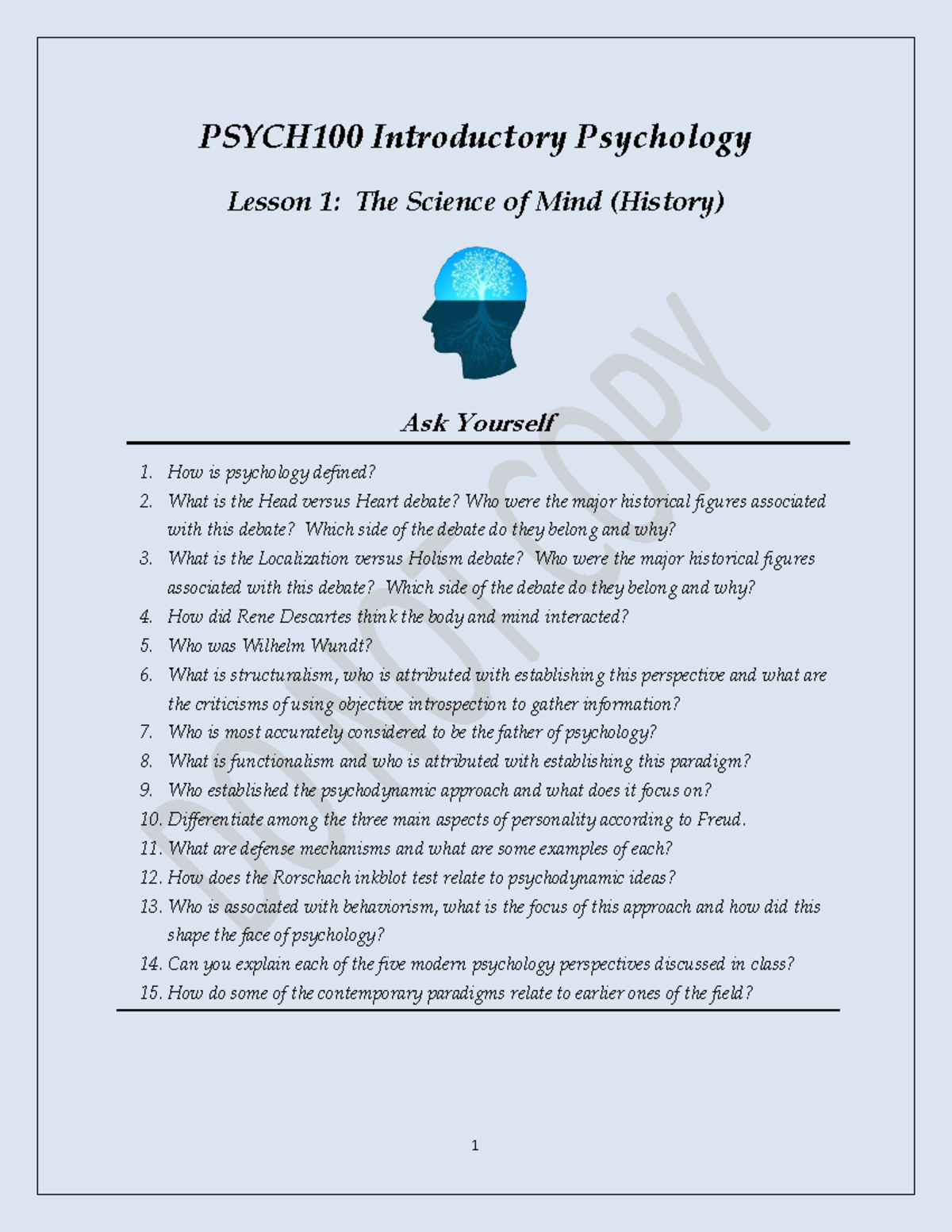 PSYCH100 Introductory Psychology Lesson 1: Mind Science & History - Studocu