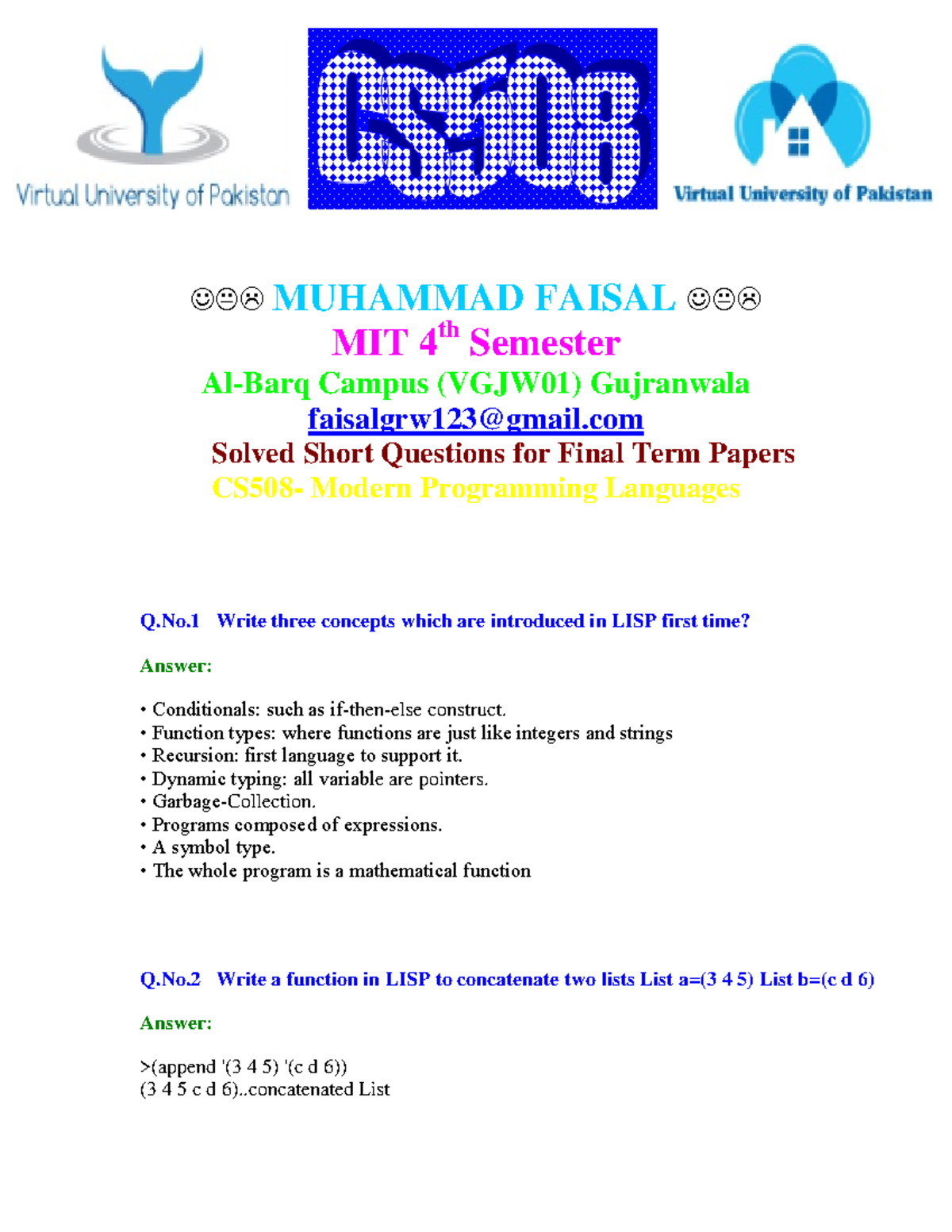 CS508 Final Term Solved Short Questions - MUHAMMAD FAISAL MIT 4 th ...