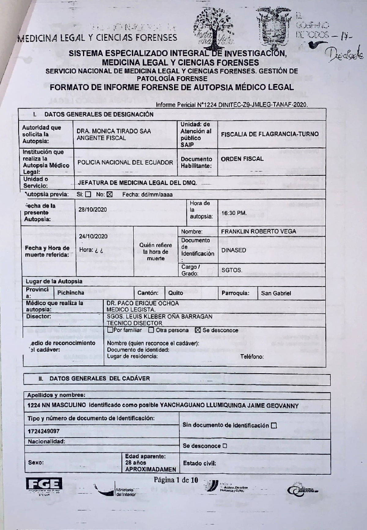 Informe Pericial de Autopsia Médico Legal - Medicina Legal y Ciencias ...