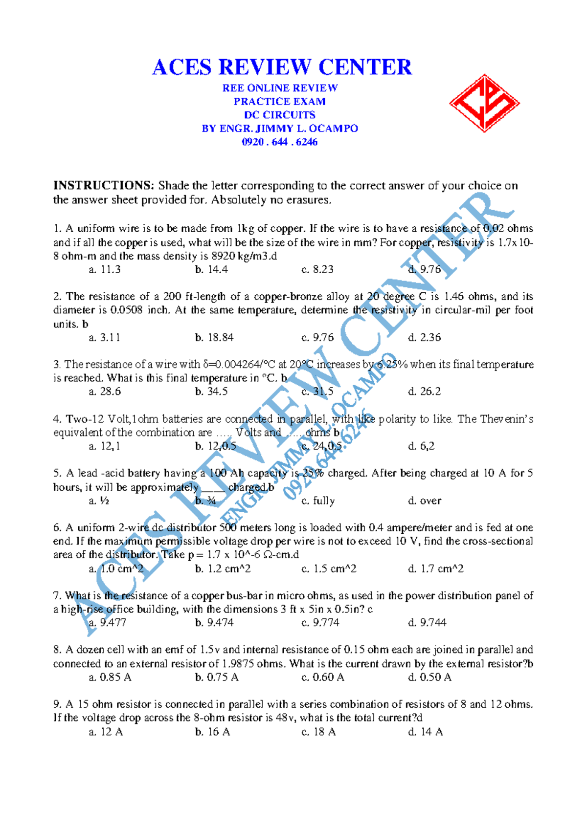 DC Circuits Practice Exam - ACES Review Center - Studocu