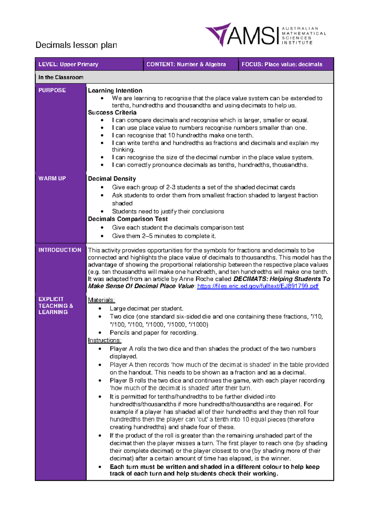 Upper Primary Lesson Plan: Understanding Decimals & Place Value - Studocu