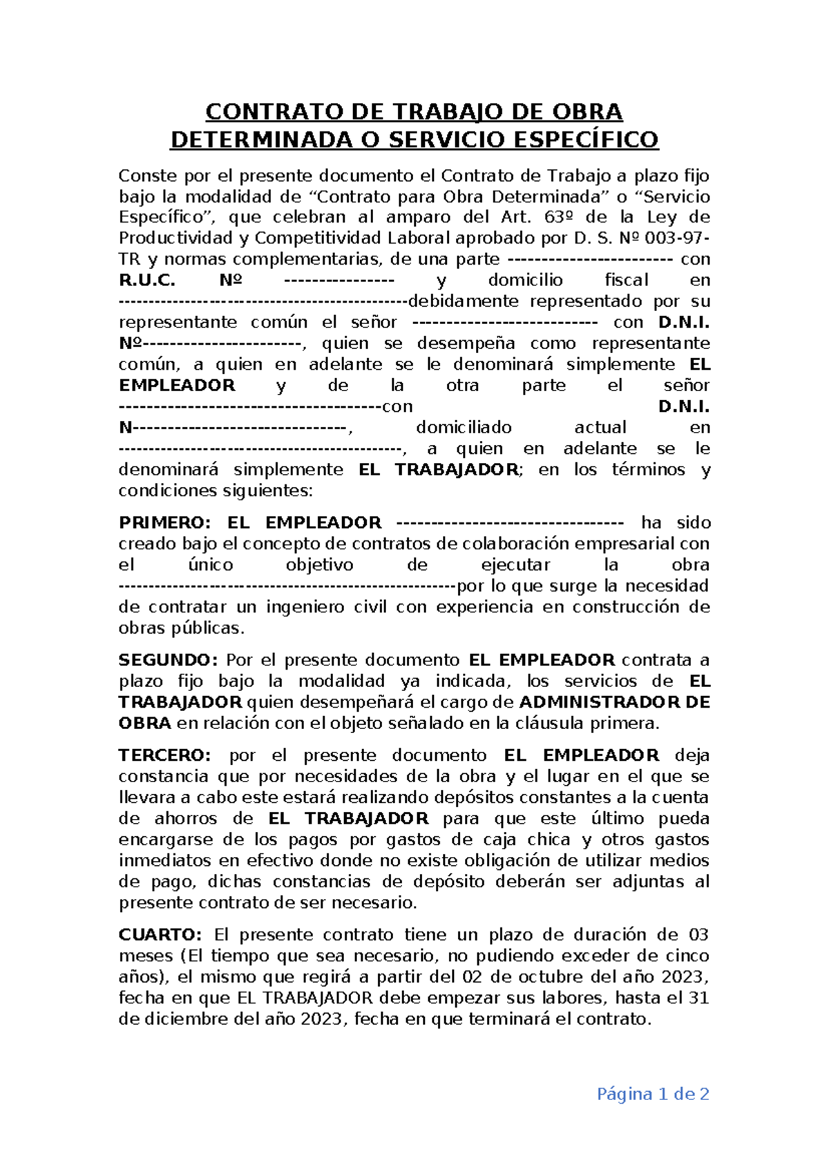 Modelo de Contrato de Trabajo por Obra Determinada 2023 - Studocu