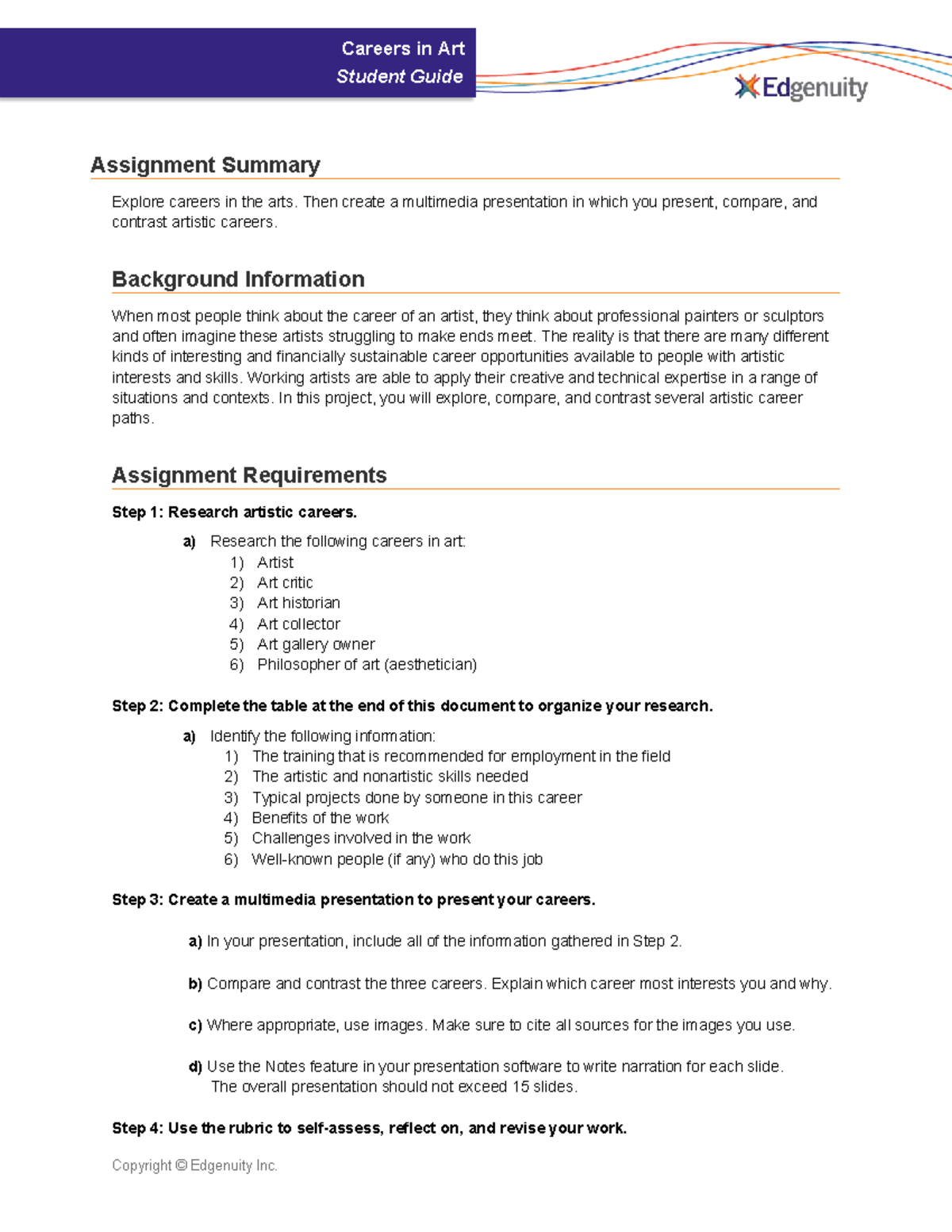 Careers in Art: Student Guide for Project Assignment (ART101) - Studocu