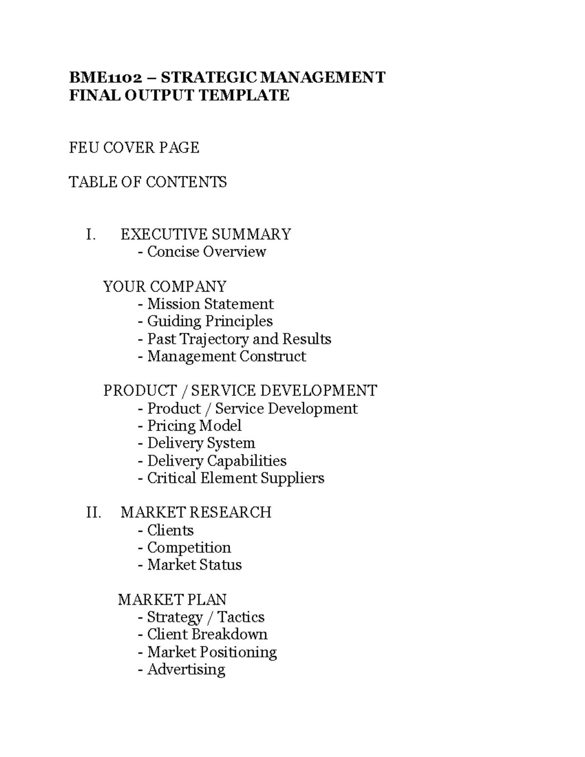 BME1102 Strategic Management Final Output Template - Studocu
