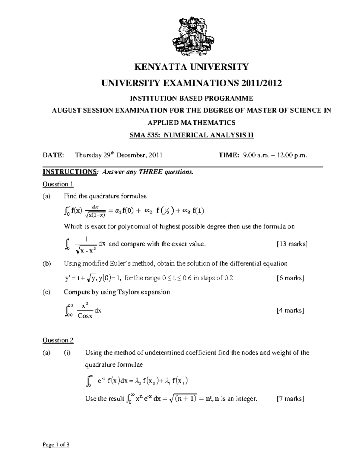 SMA 535: Numerical Analysis II Exam Questions & Solutions - Studocu