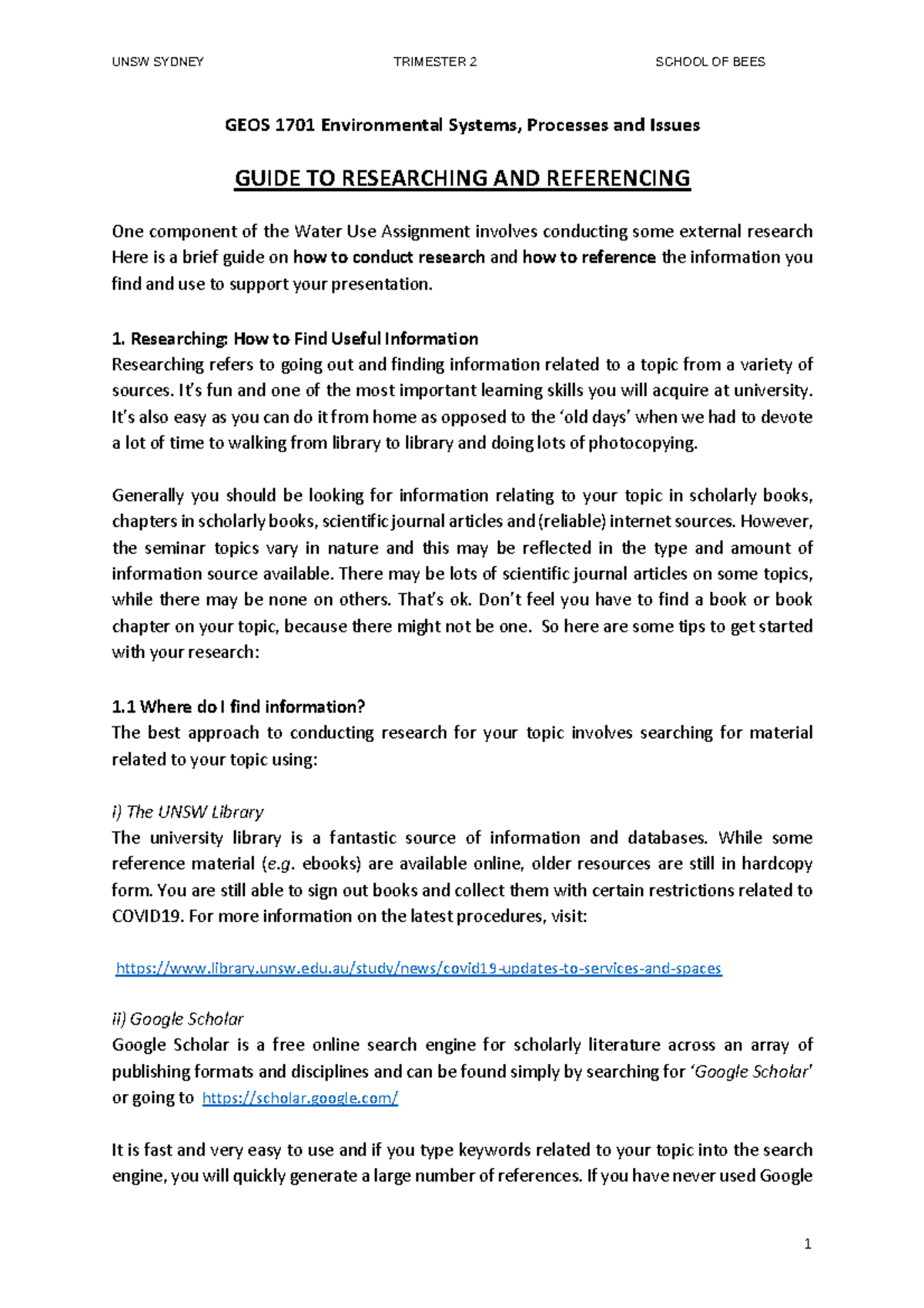 UNSW GEOS 1701 Guide to Researching & Referencing for Assignments - Studocu