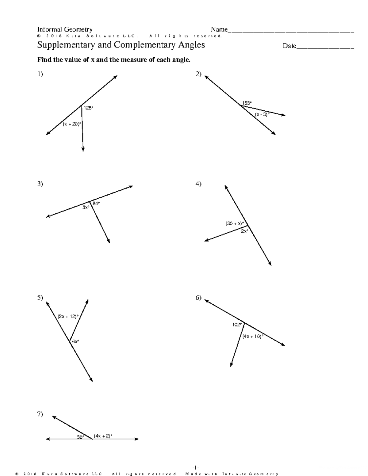 Mathematics Grade 9: Supplementary & Complementary Angles Worksheet ...