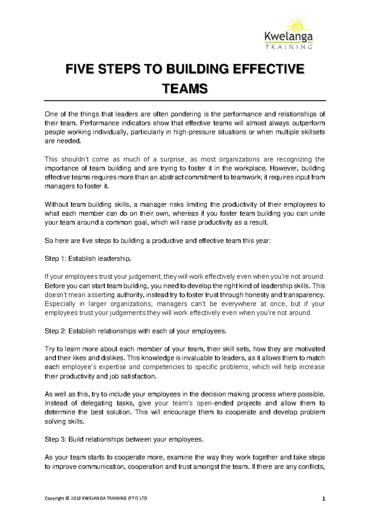 Five Steps to Building an Effective Team - Copyright © 2018 KWELANGA ...