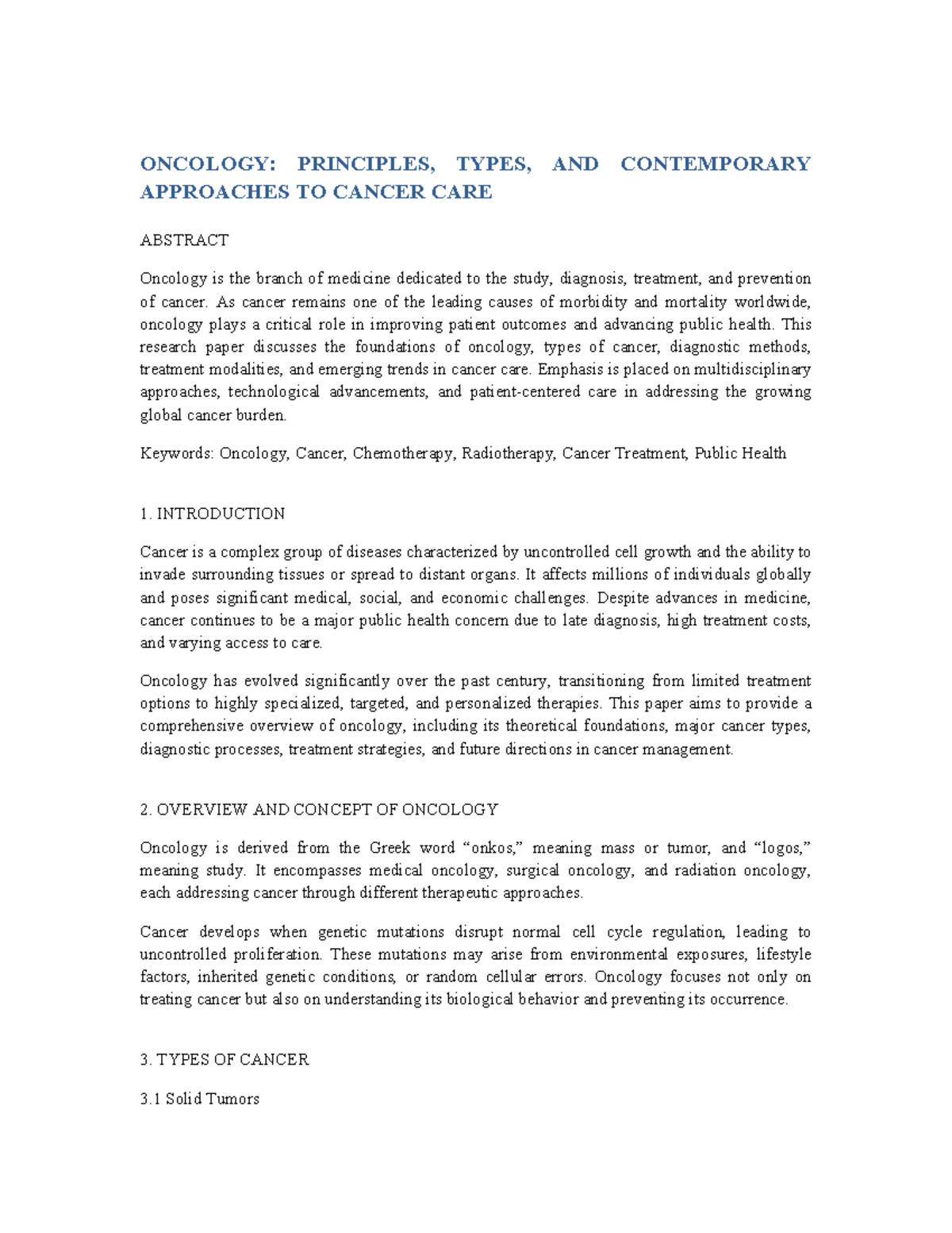 ONC 101: Principles and Approaches in Cancer Care Research Paper - Studocu