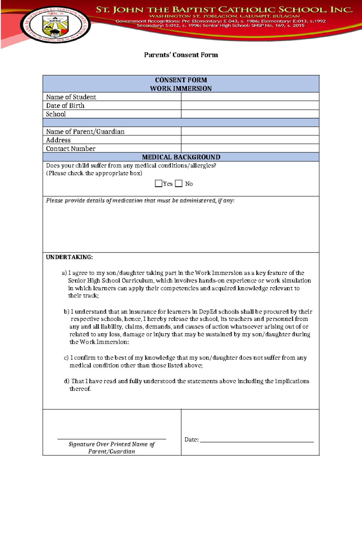 Parents' Consent Form for Work Immersion in Senior High School - Studocu