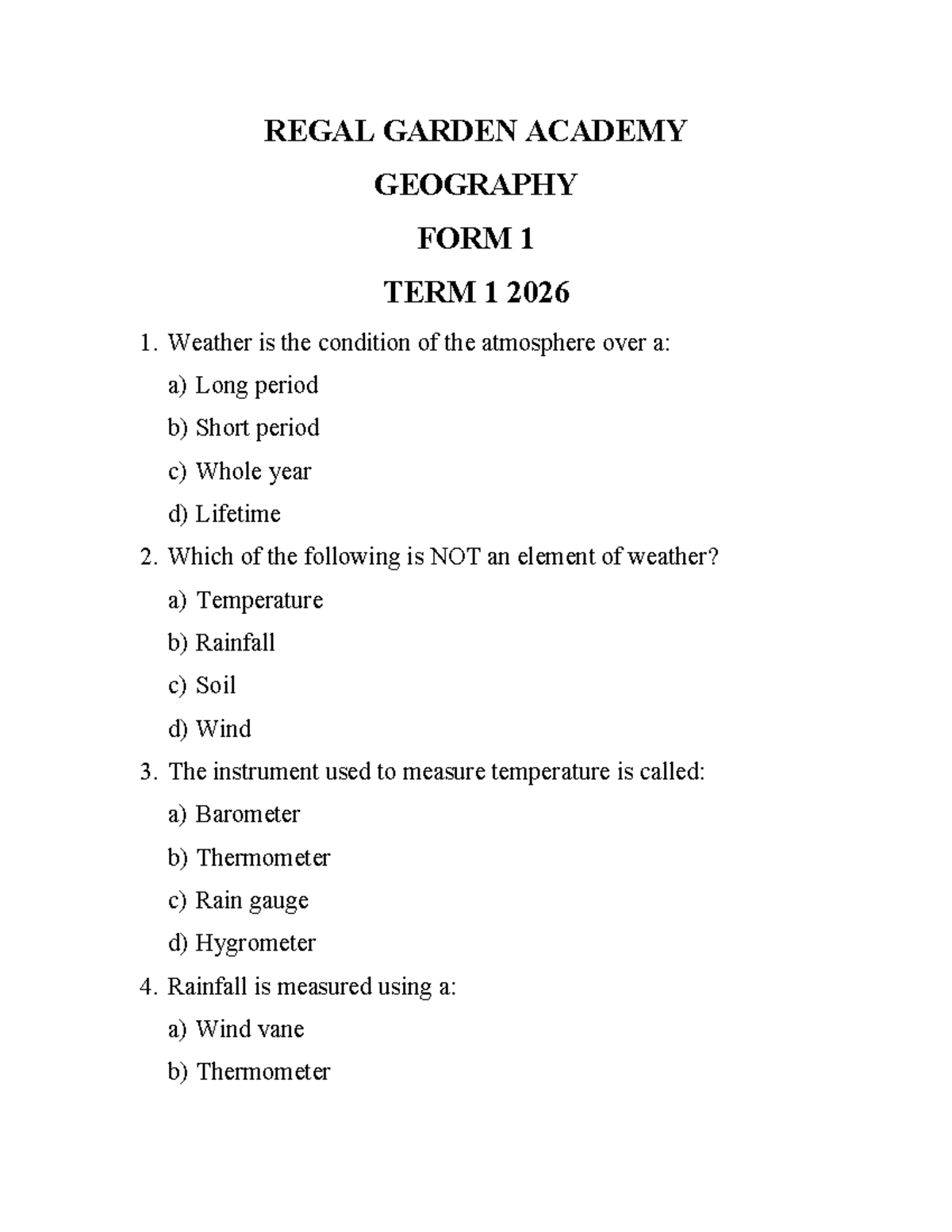 Geography Form 1 Term 1 Weather Concepts and Instruments - Studocu