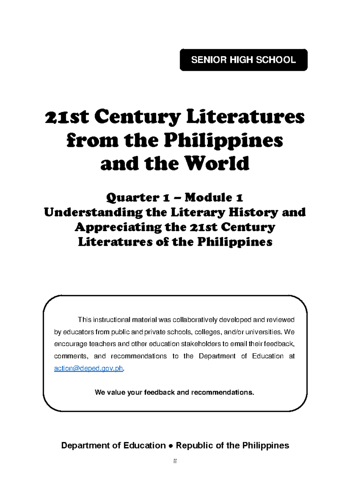 21st Century Literature from PH and World: SHS Module Q1 - Studocu
