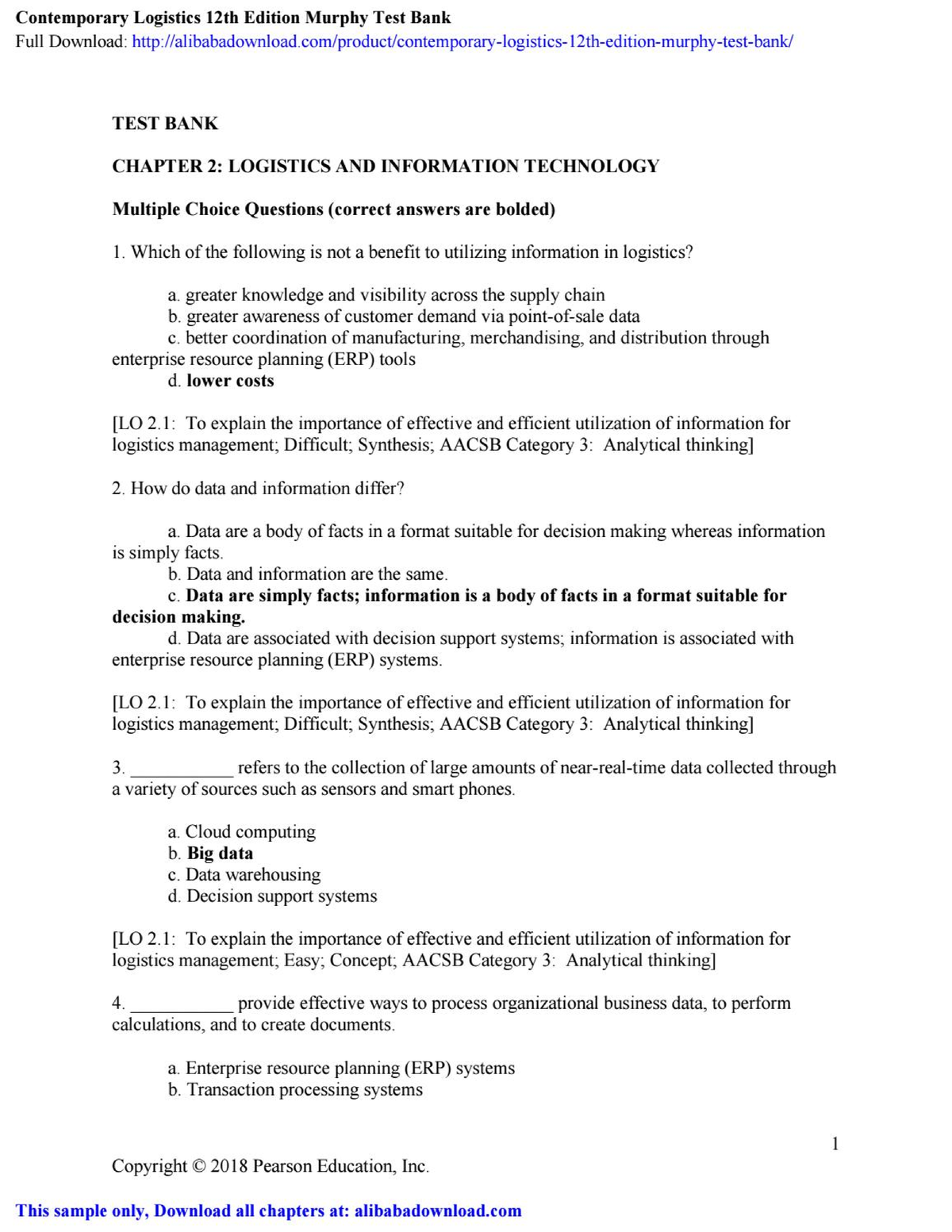 Chap 2 Test Bank - Contemporary Logistics 12th Ed. (Murphy) - Studocu