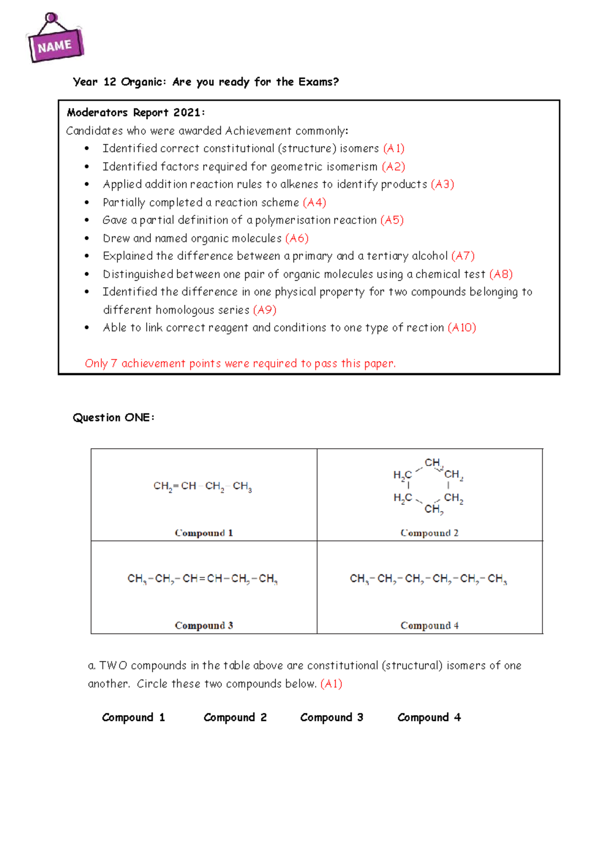 Year 12 Organic: Exam Readiness & Moderator Insights 2021 - Studocu