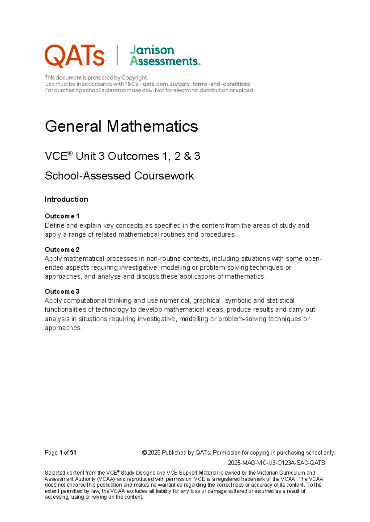 2025 VCE General Mathematics U3 Outcomes 1, 2, 3 Coursework Analysis ...
