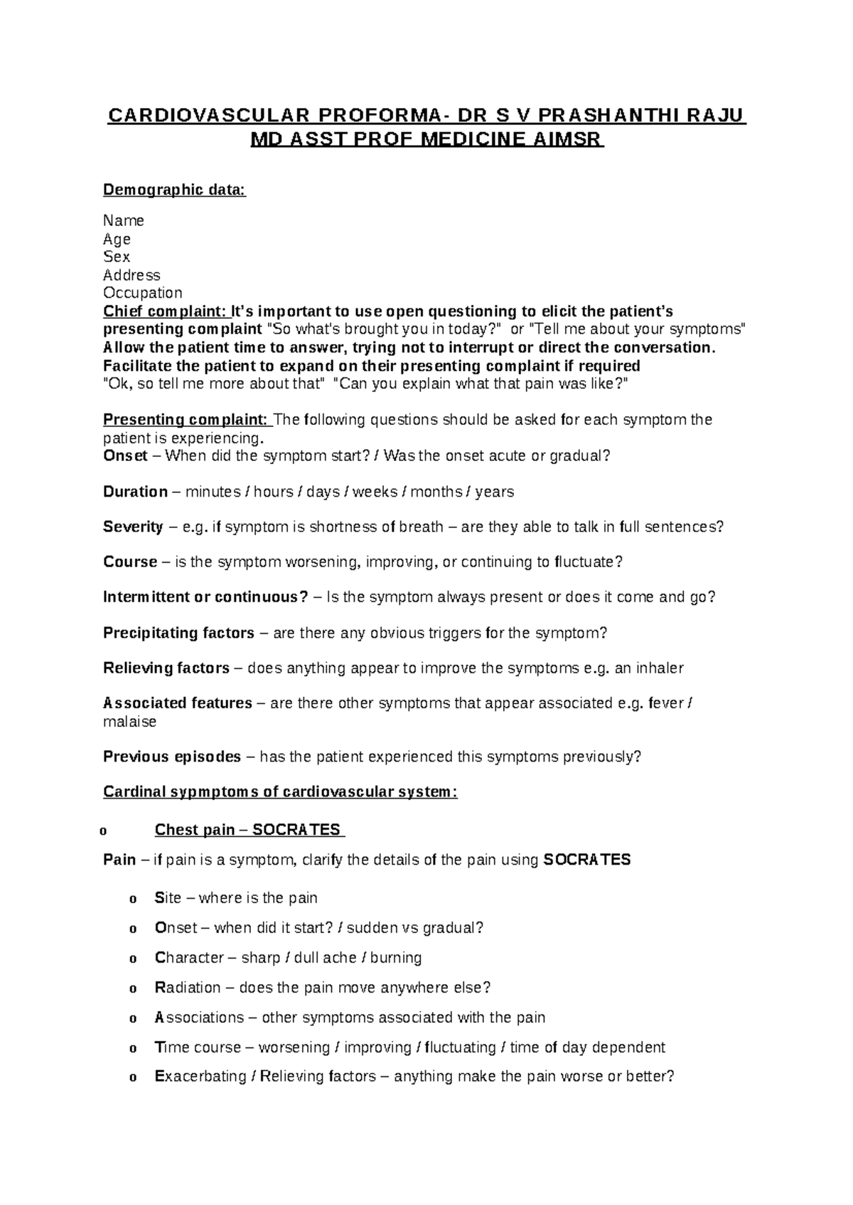 CVS Case Proforma - MBBS Clinical Assessment Guidelines - Studocu
