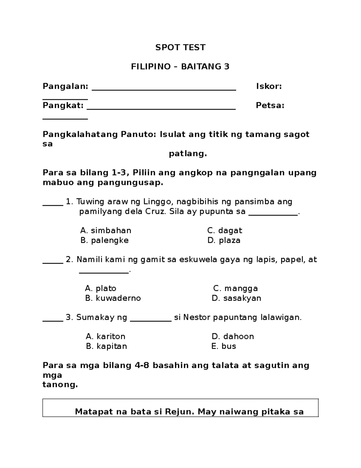SPOT TEST - Filipino Baitang 3 & 6 Test Questions and Answers - Studocu