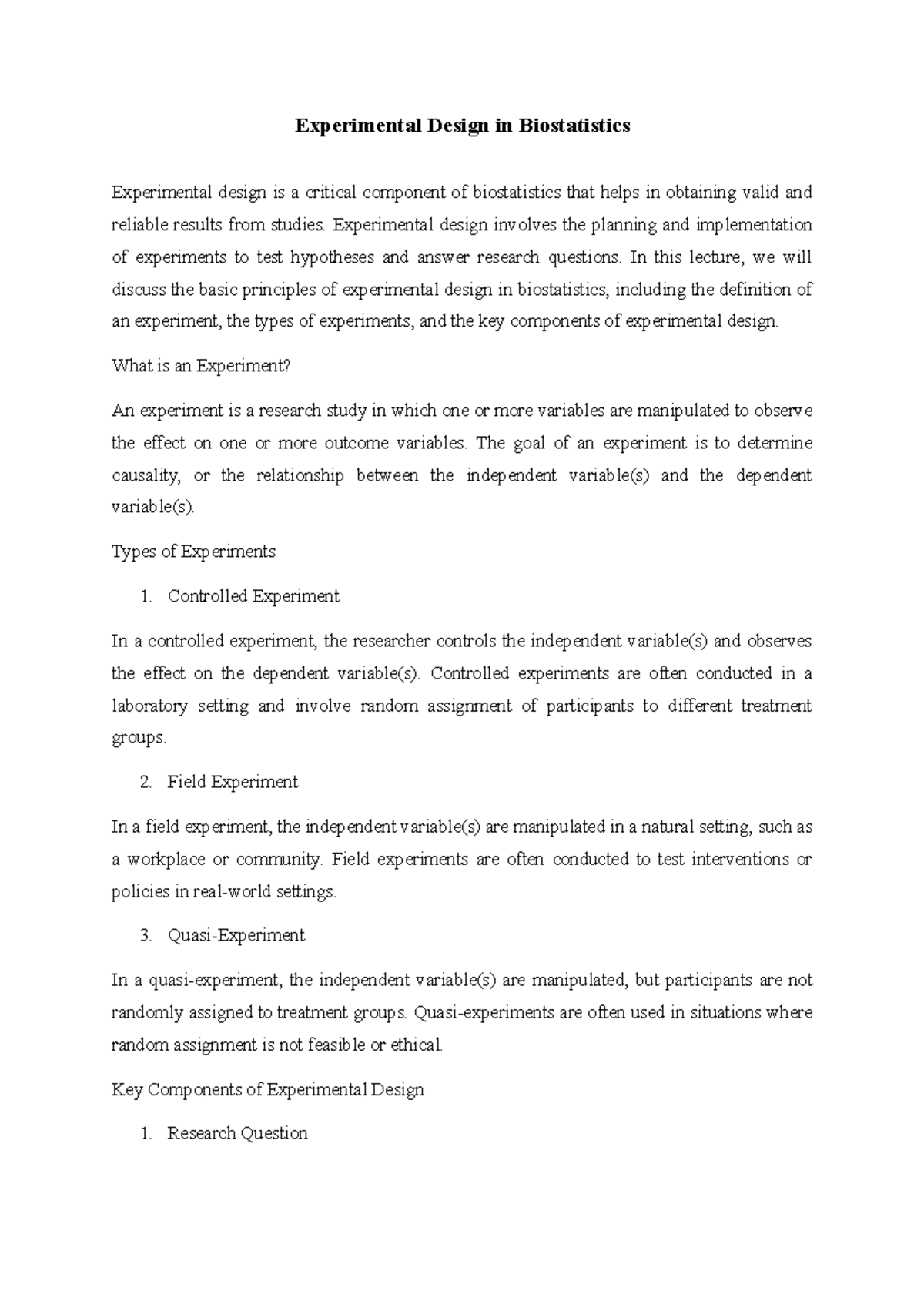 Lecture on Experimental Design Principles in Biostatistics - Studocu