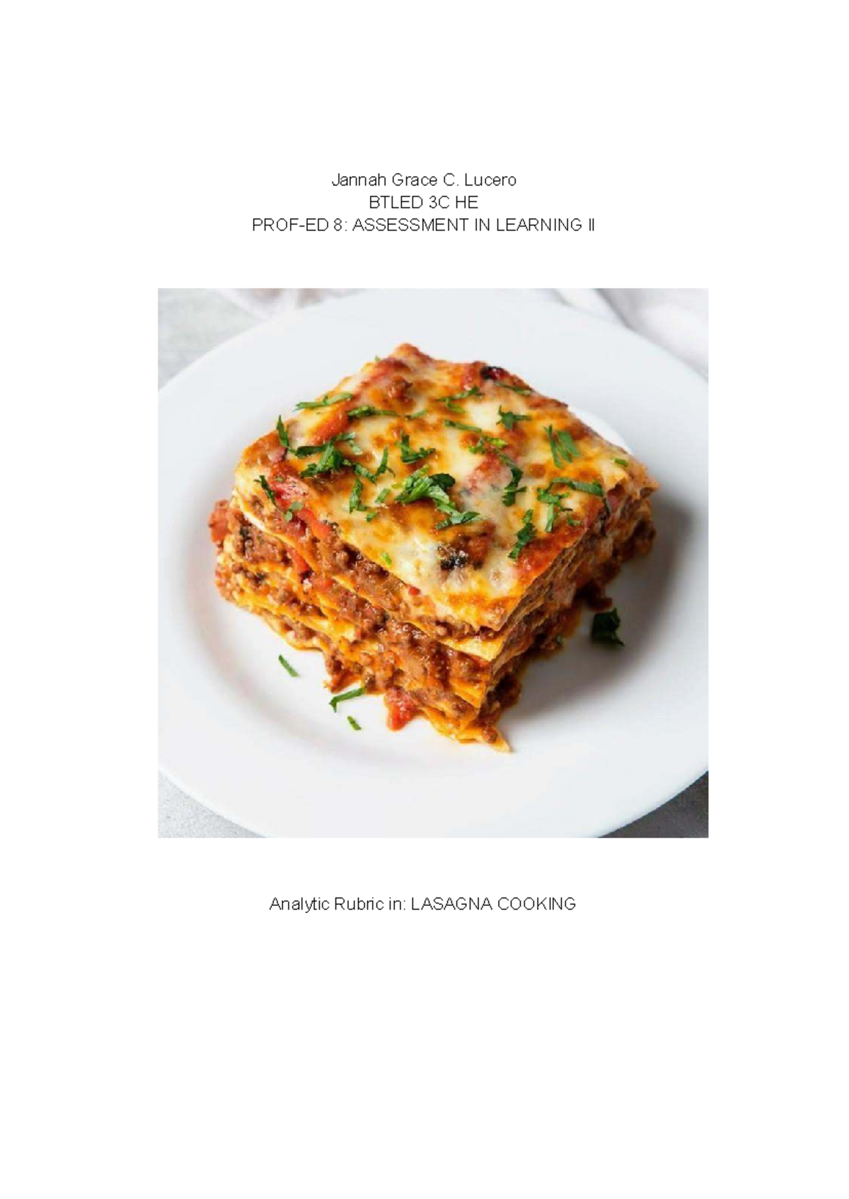 BTLED 3C HE 8: Lasagna Cooking Analytic Rubric - Studocu