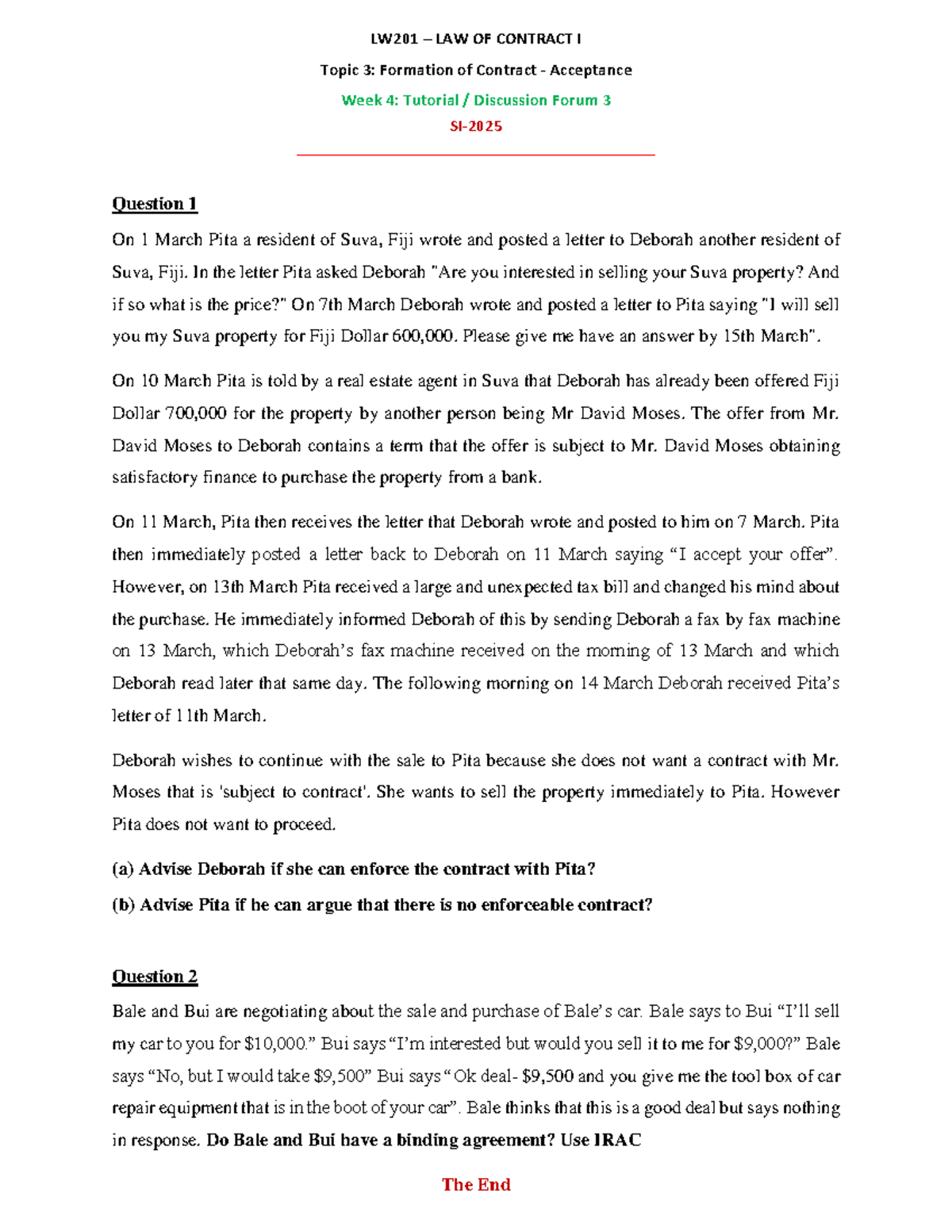 Week 4 - Tutorial 3 [2025] - LW201 – LAW OF CONTRACT I Topic 3: Formation of Contract ...