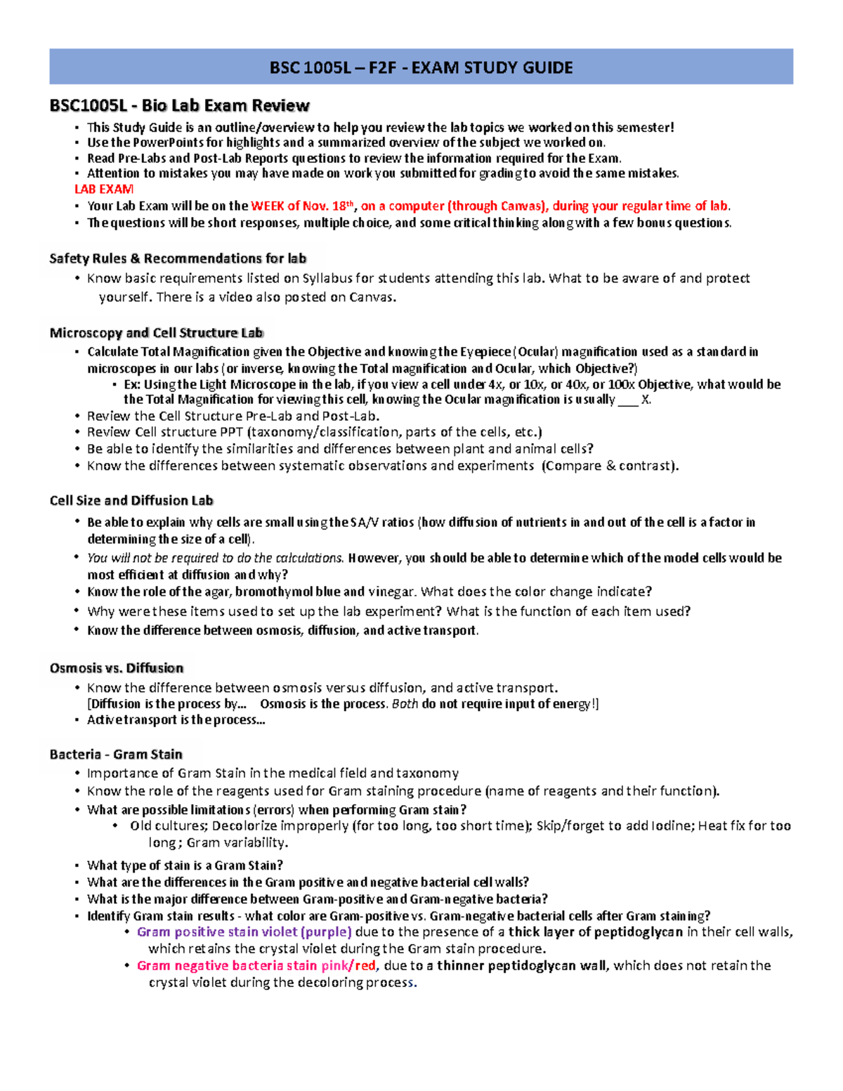 BSC 1005L - F2F Bio Lab Exam Study Guide and Review Resources - BSC 1005L – F2F - EXAM STUDY ...