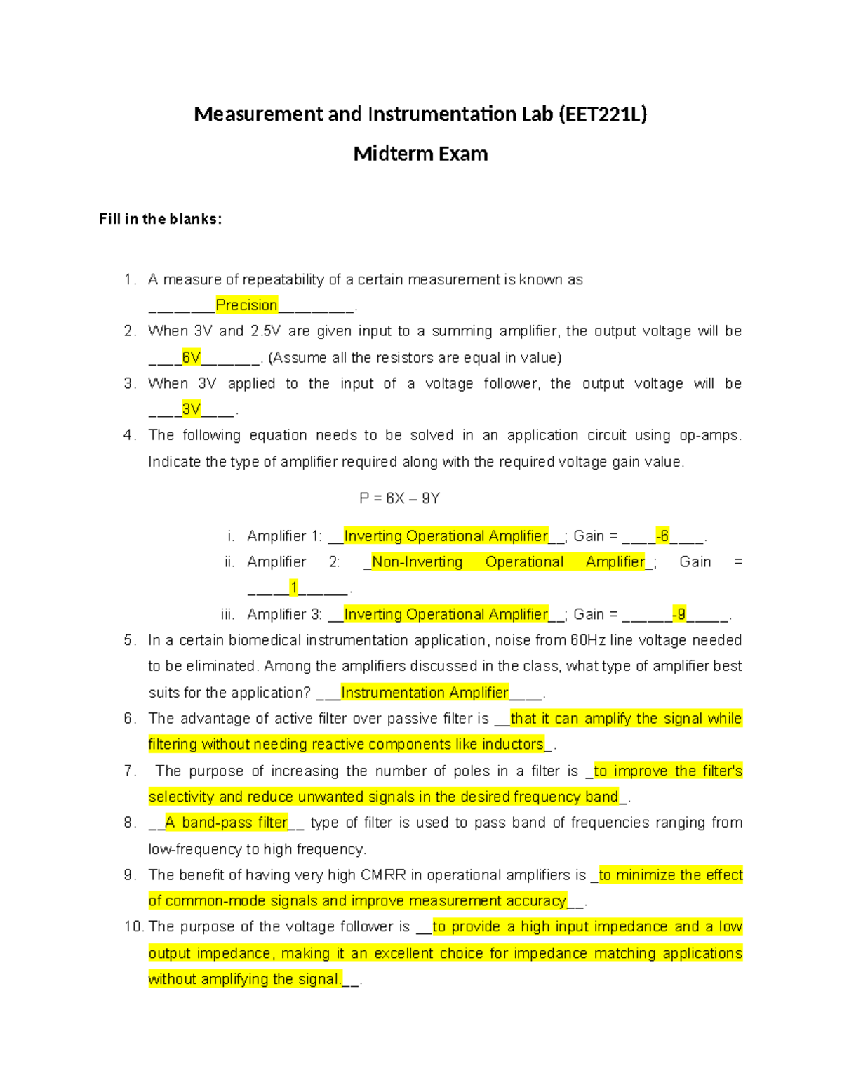 EET221L Measurement and Instrumentation Lab Midterm Exam Guide - Studocu