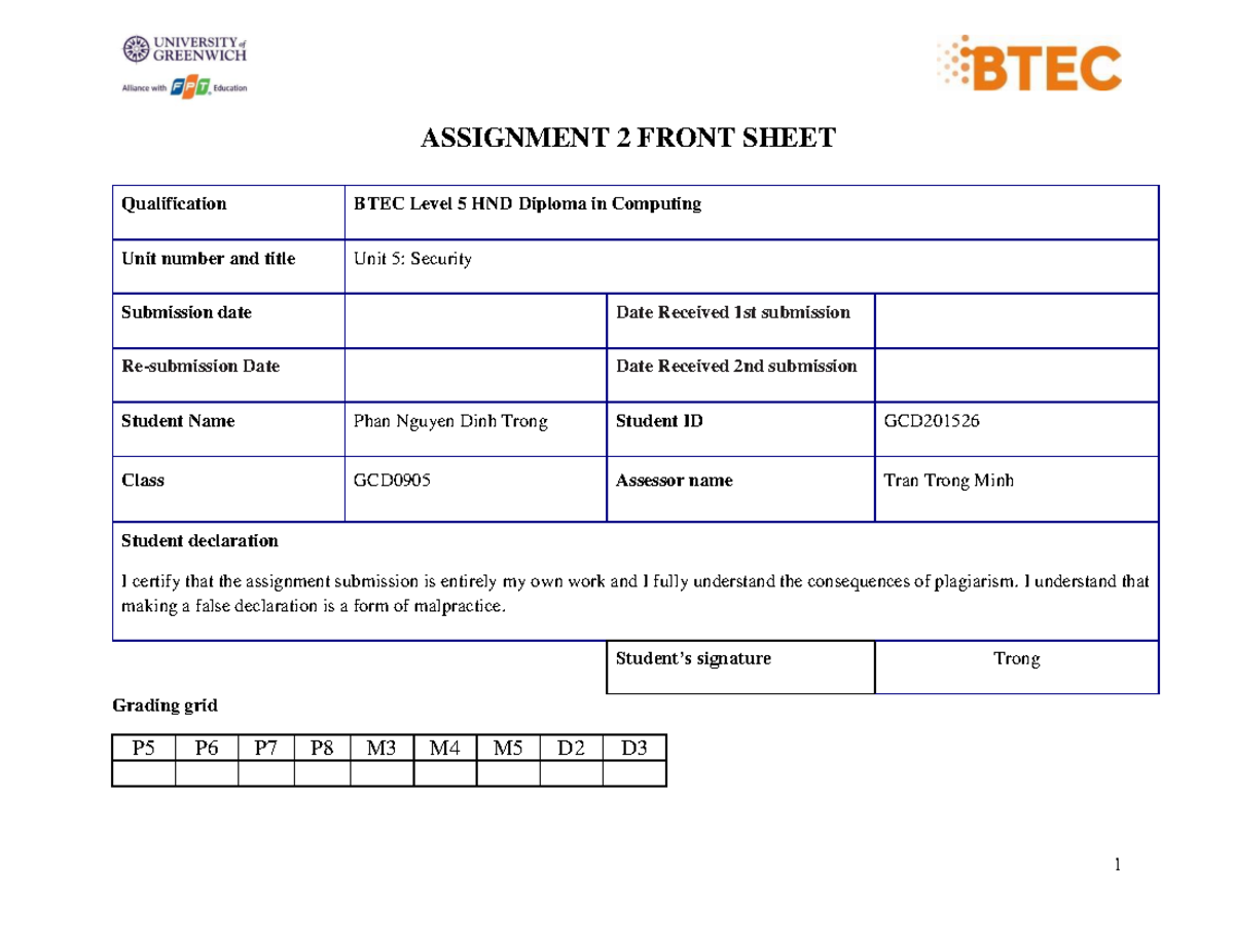 ASM2-1623 - Unit 5: Security - ASSIGNMENT 2 FRONT SHEET Qualification BTEC Level 5 HND Diploma ...