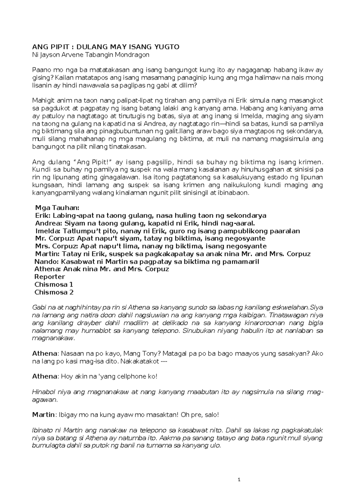 ANG PIPIT: DULANG MAY ISANG YUGTO (ANG PIPIT - GYGG) - Studocu