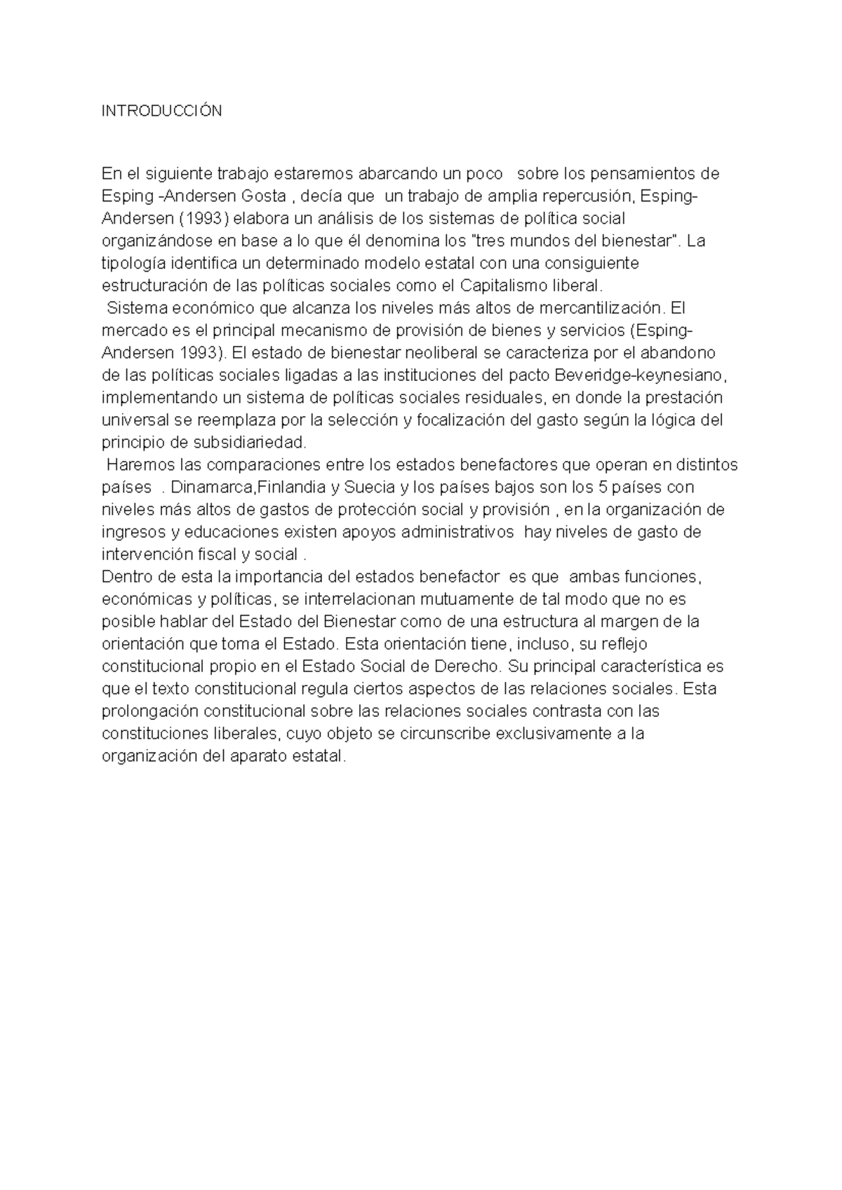 Análisis del Estado del Bienestar según Esping-Andersen - Studocu