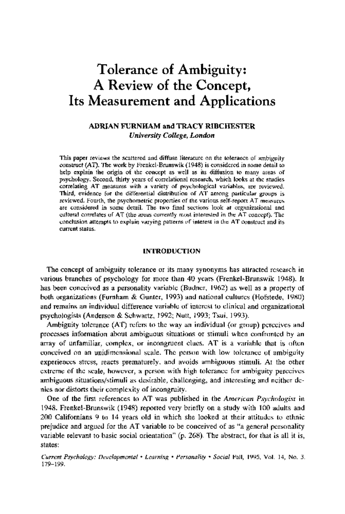 Tolerance of Ambiguity: Measurement, Applications, and Insights ...