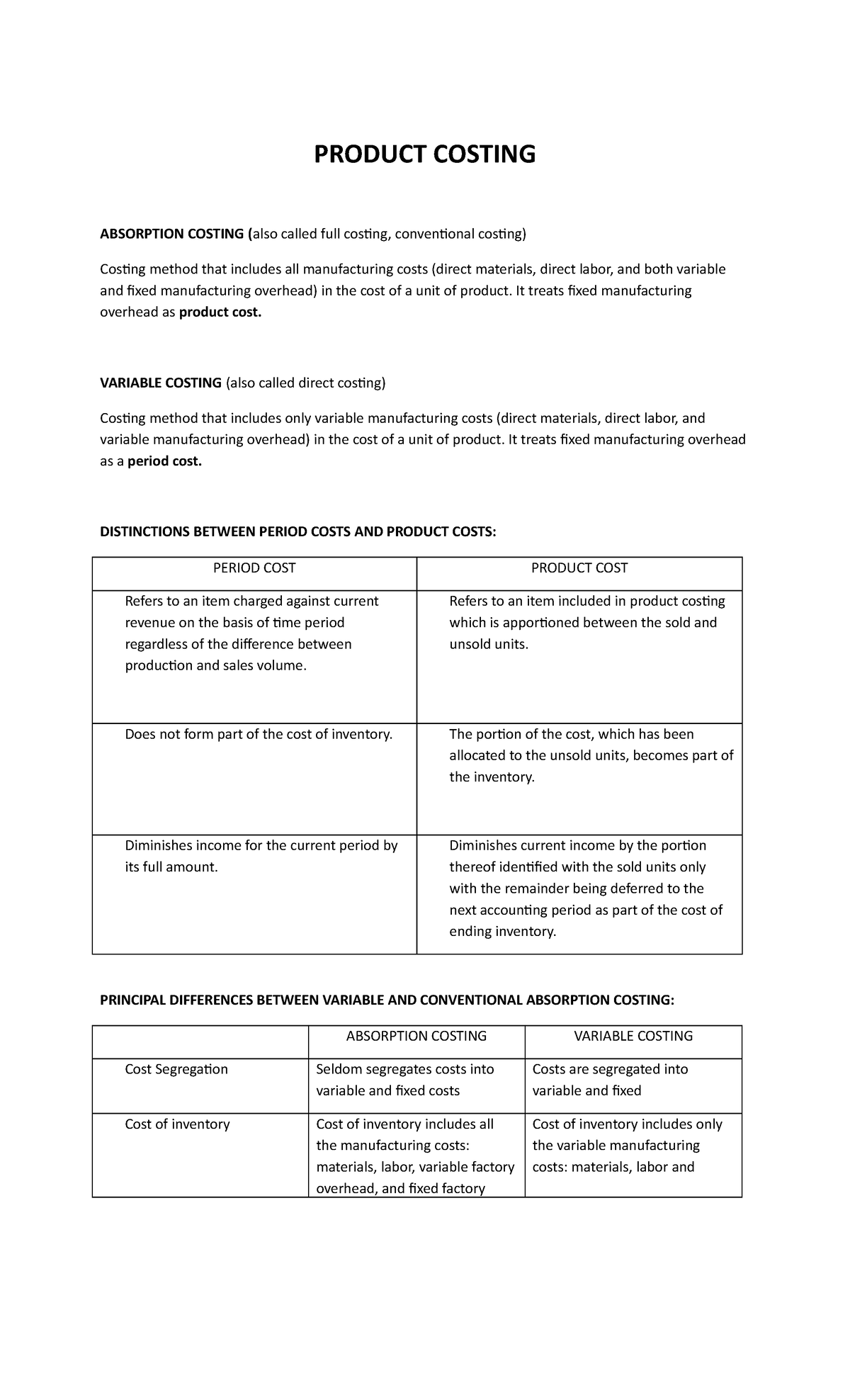 Absorption and Variable Costing methods - PRODUCT COSTING ABSORPTION COSTING (also called full ...