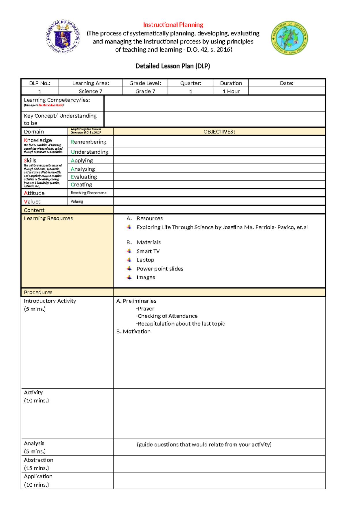 DLP - Blank DLP sample - Instructional Planning (The process of ...