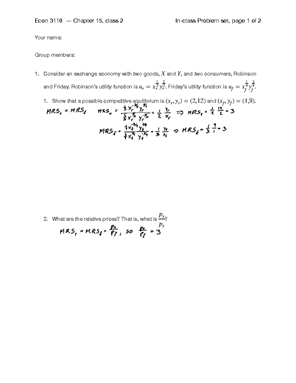 Econ 3110 Chapter 15 Problem Set Solutions - Class 2 - Studocu