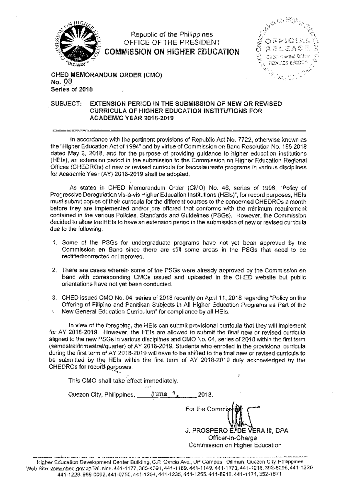 CHED CMO No. 08, Series of 2018: Extension for Curriculum Submission ...