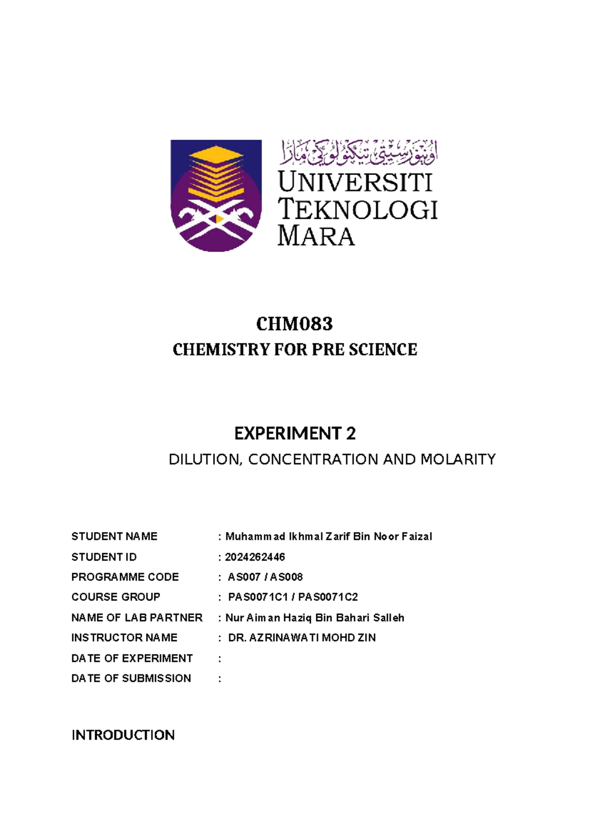 CHM083 Lab Report 2: Dilution, Concentration & Molarity Analysis - Studocu