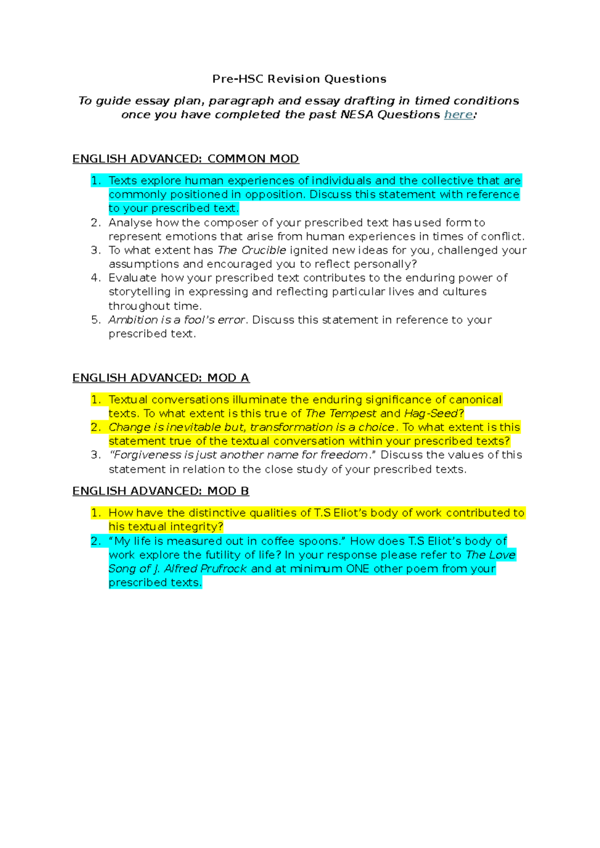 EA Pre-HSC Revision Questions for Essay Planning and Drafting - Studocu