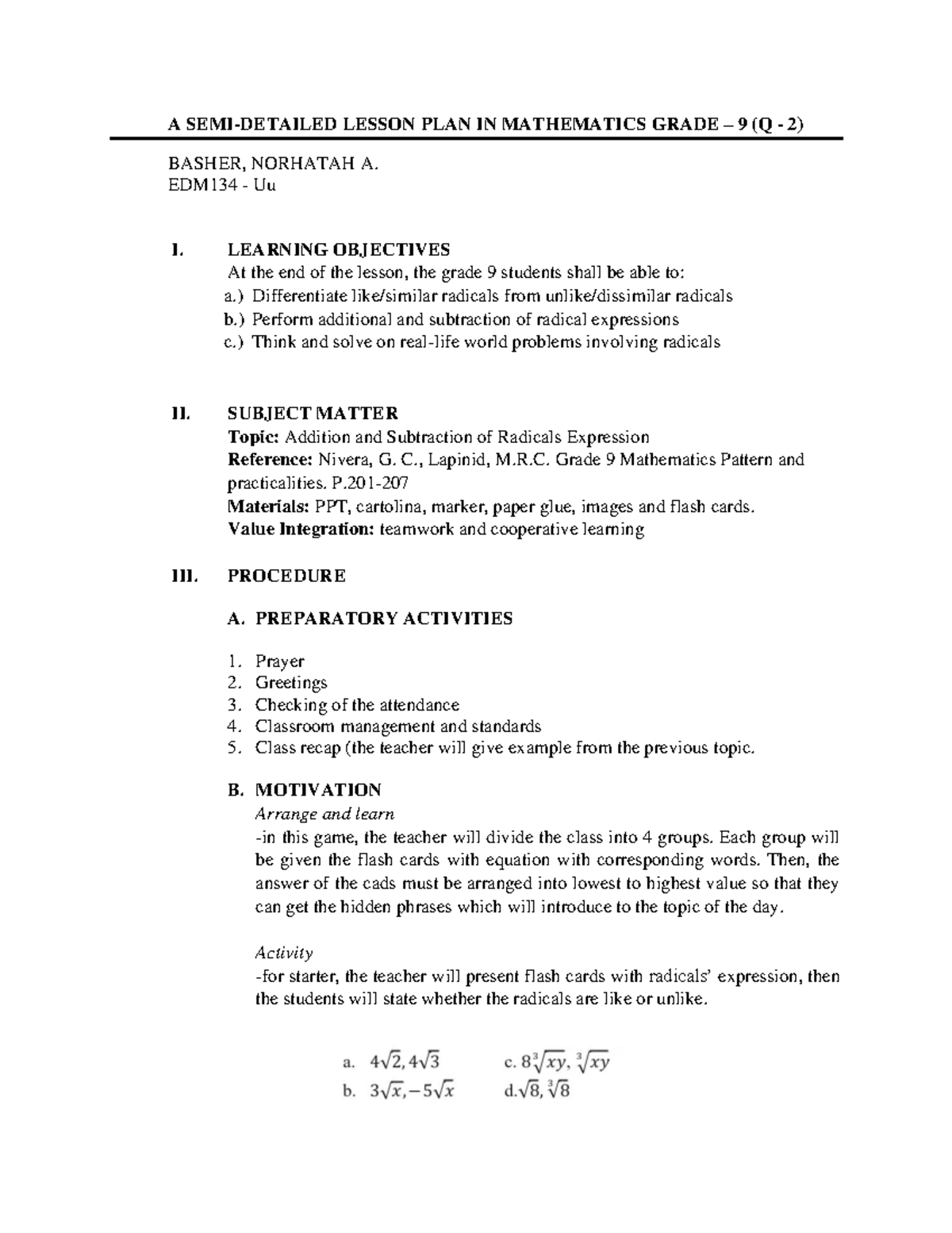 EDM134 - Semi-Detailed Lesson Plan on Radicals for Grade 9 - Studocu