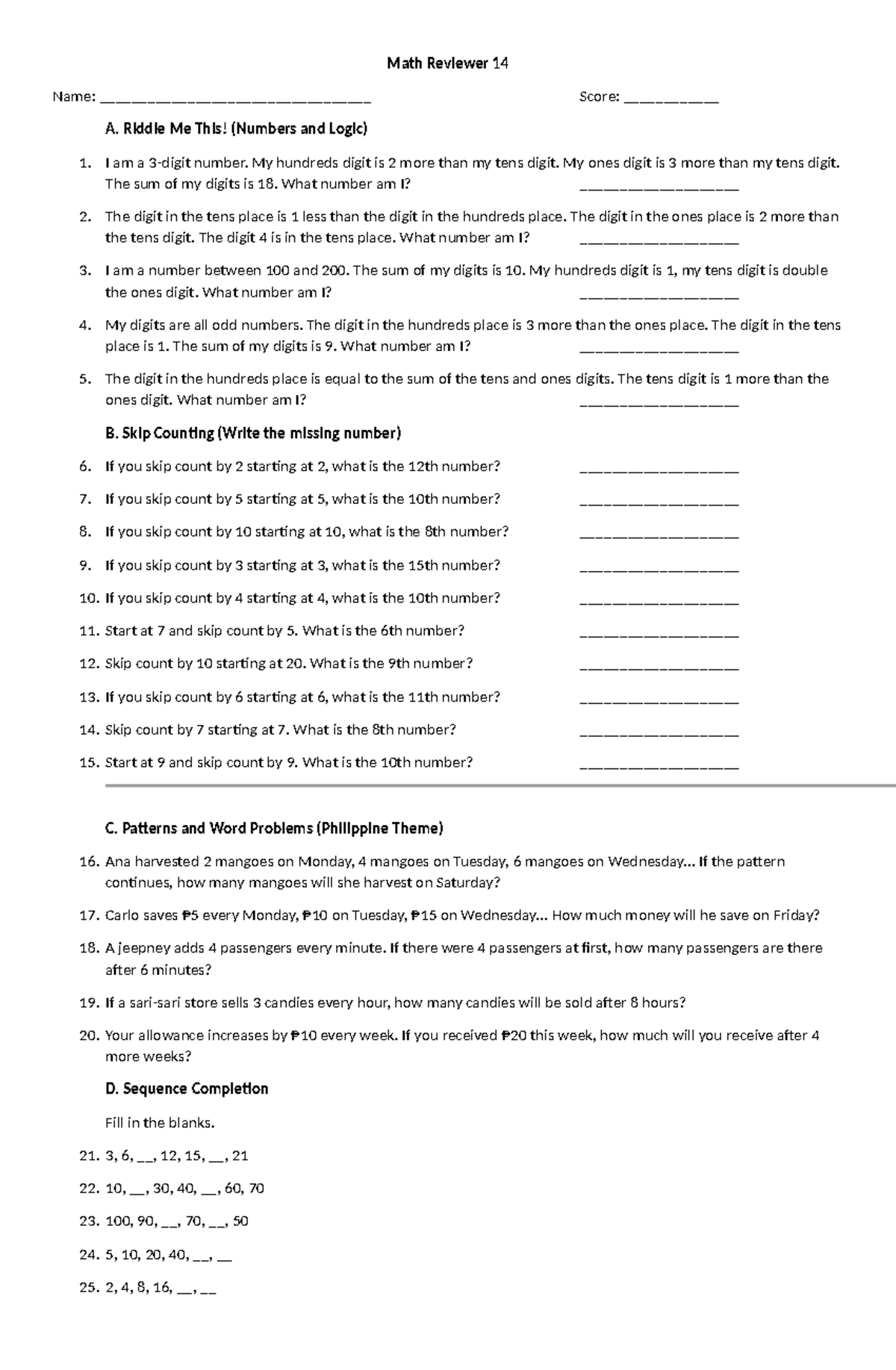 Math Reviewer 14: Numbers, Logic, and Patterns Exercises - Studocu