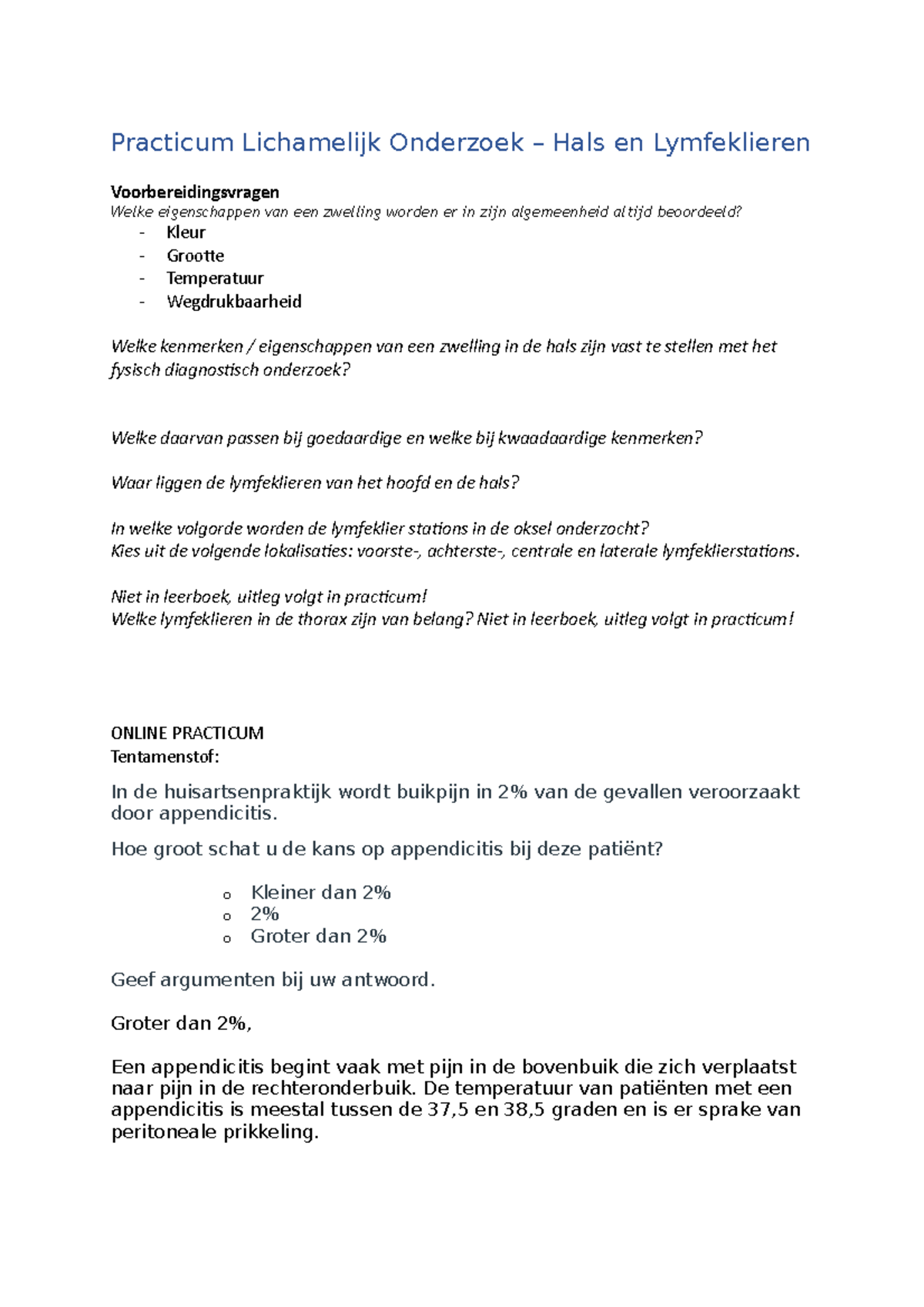 Practicum Lichamelijk Onderzoek: Hals en Lymfeklieren Voorbereiding ...