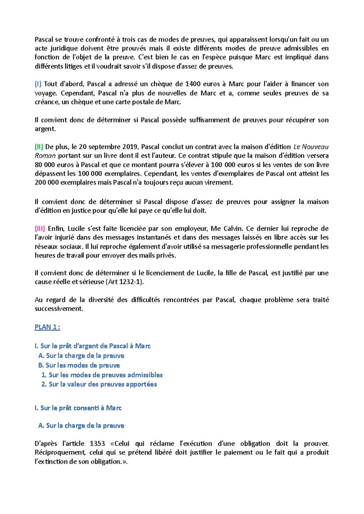 Correction cas pratique TD7 pdf - Pascal se trouve confronté à trois cas de modes de preuves ...